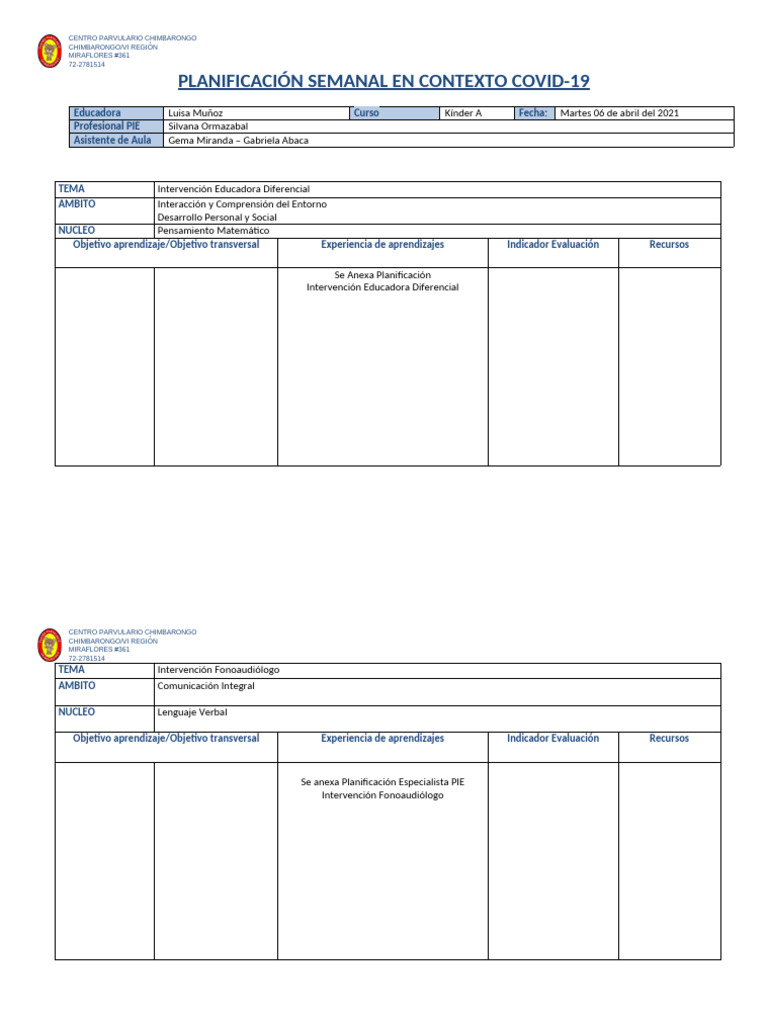 Planificacion Kinder Semana 06 Al 09 de Abril | PDF