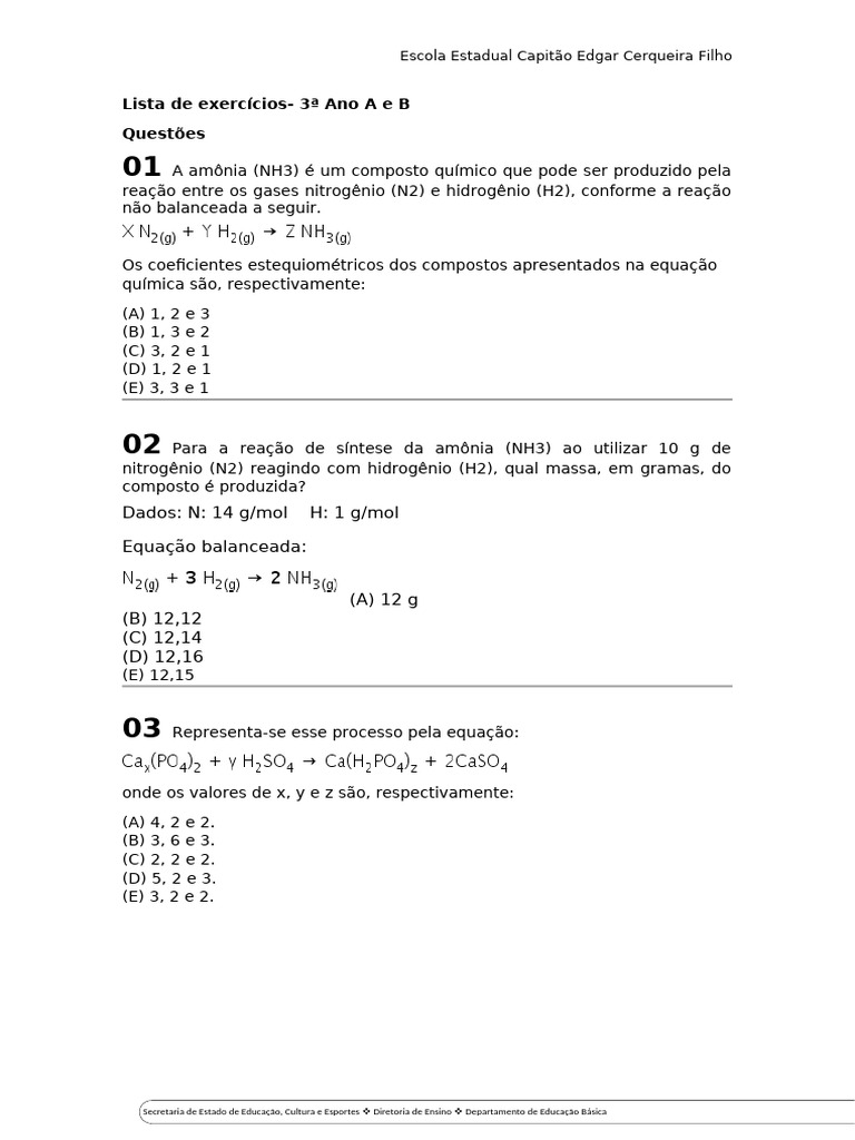Lista de Exercícios 3 Ano | PDF