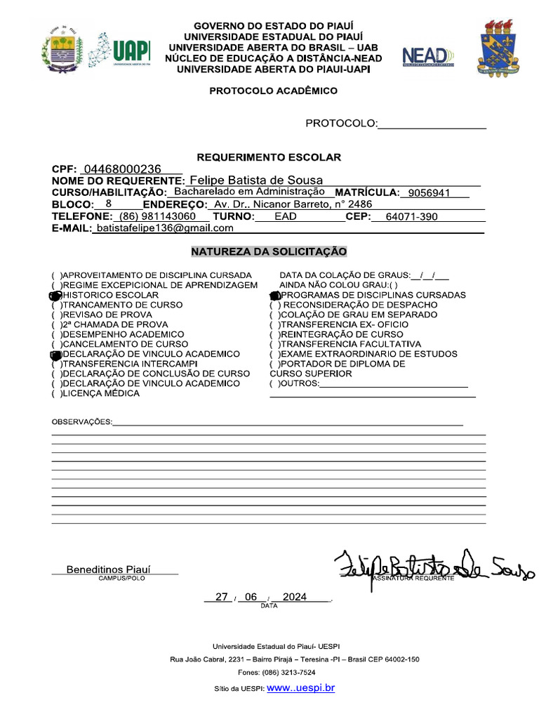 Requerimento Do Aluno | PDF