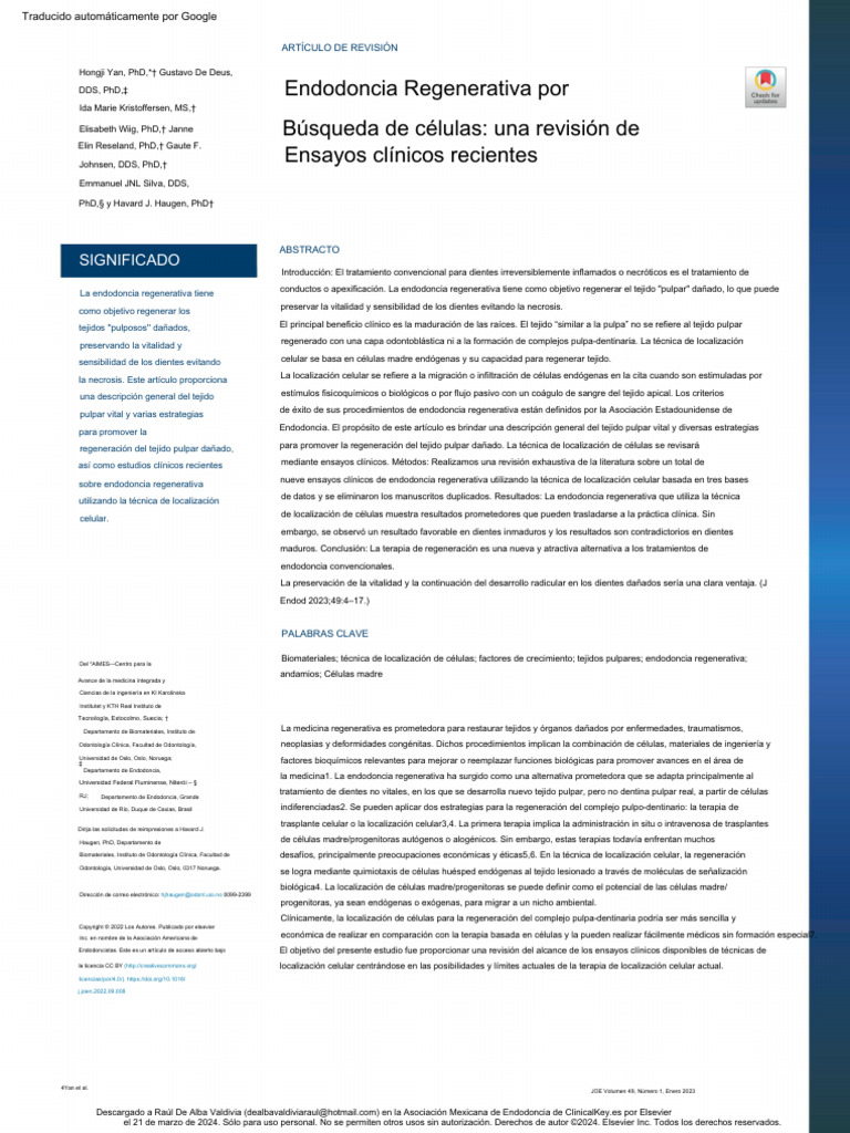 Regenerative Endodontics by Cell Homing - A Review of Recent Clinical ...