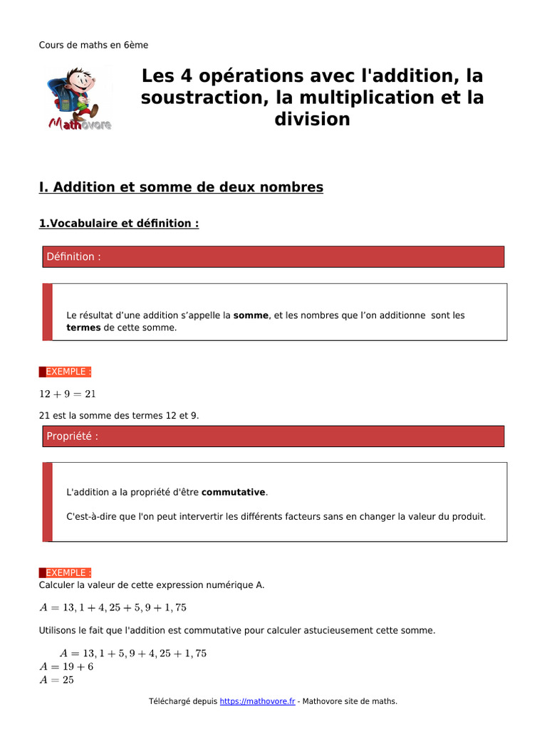 Les 4 Operations Avec L Addition La Soustraction La Multiplication Et ...