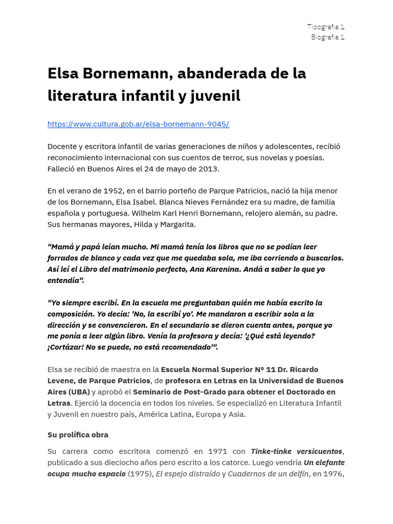 Biografía 1 Elsa Bornemann | PDF