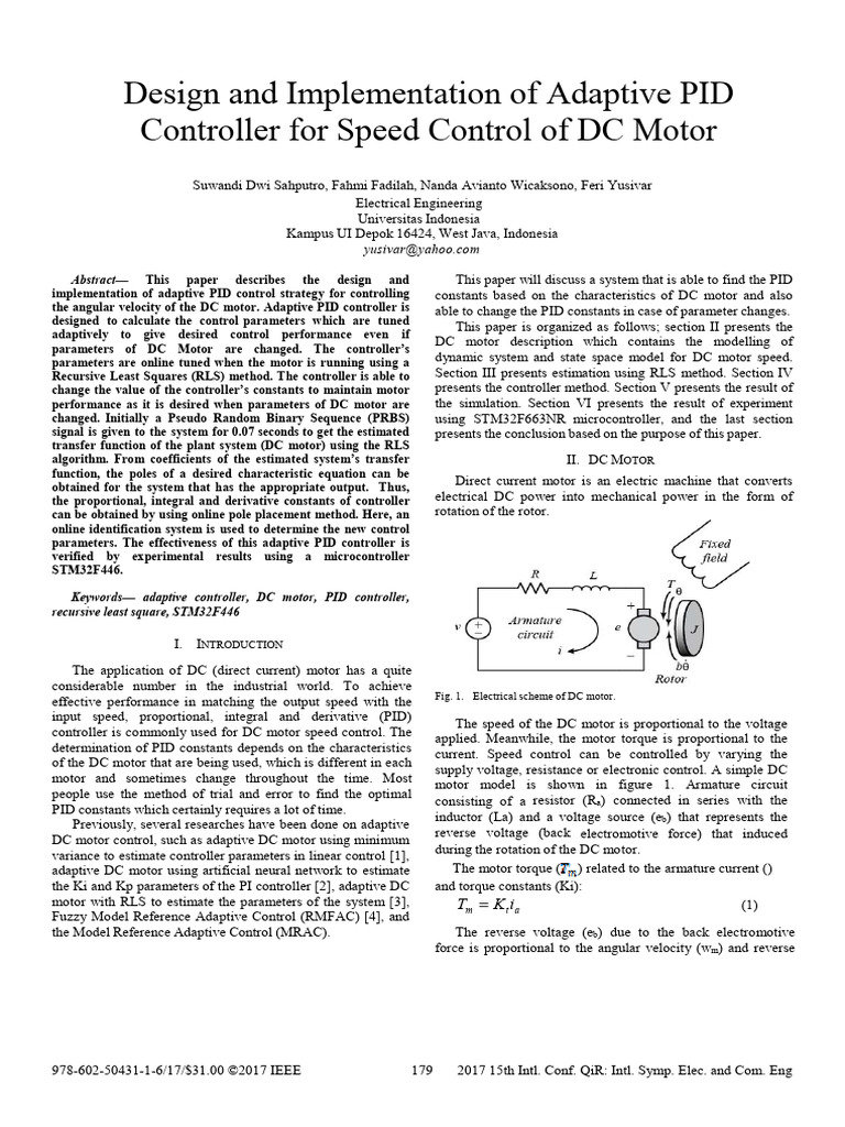 Design and Implementation of Adaptive PID Controller Speed Control of DC Motor | PDF