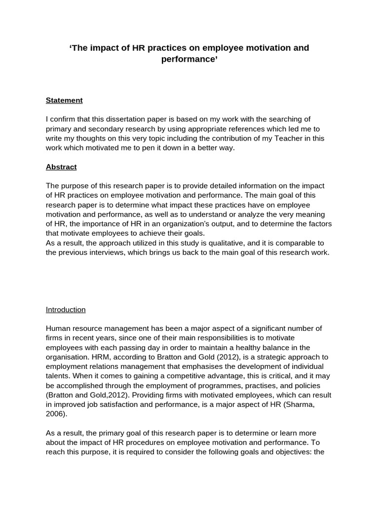 The Impact of HR Practices On Employee Motivation and Performance' | PDF