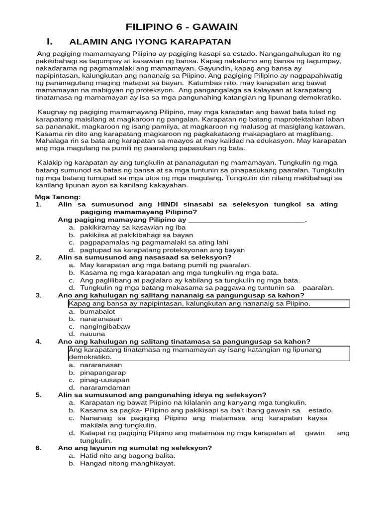 Filipino 6 Activity Sheet | PDF