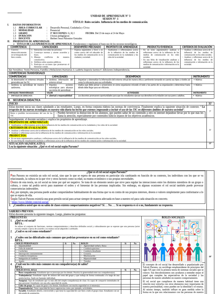 Unidad de Aprendizaje 3 Sesion 1 UDA DPCC 3° VII Ciclo Roles sociales. Influencia de los medios ...