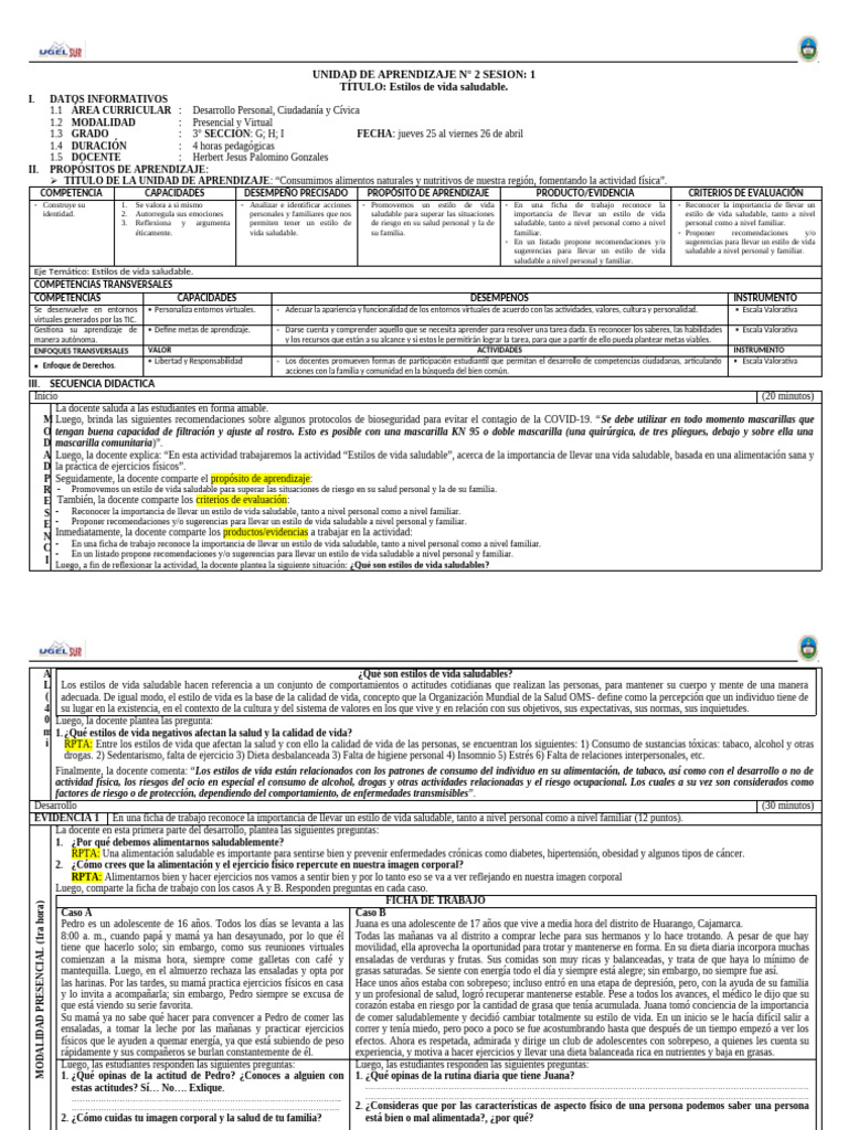 Unidad de Aprendizaje 2 Sesion 1 DPCC 3° D VII Ciclo | PDF