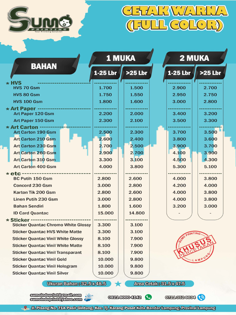 Price List Sumo Printing Lampung | PDF