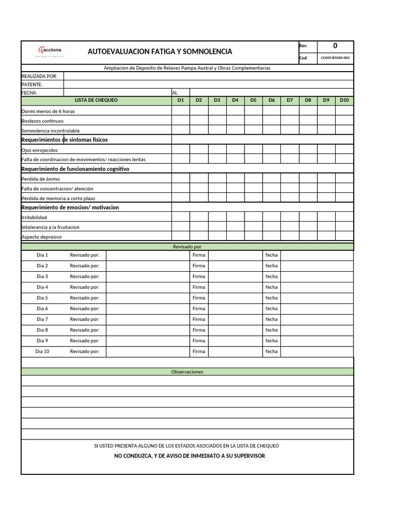 CC005-RGSSS-003 Autoevaluacion Fatiga y Somnolencia | PDF