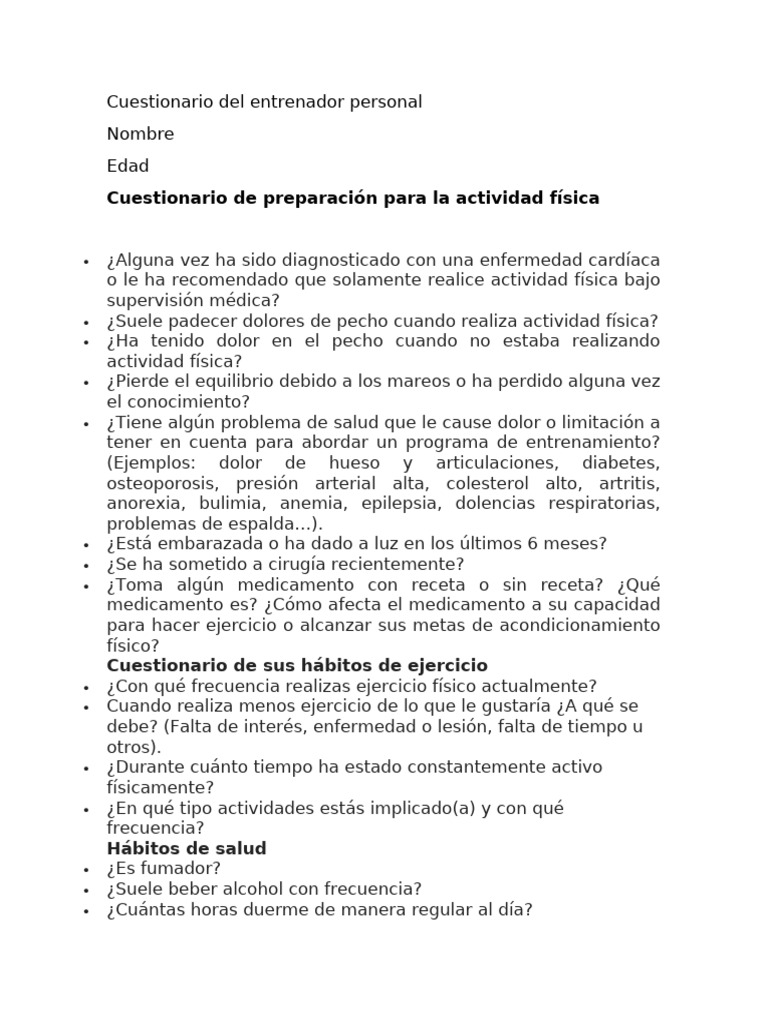 Cuestionario del entrenador personal | PDF