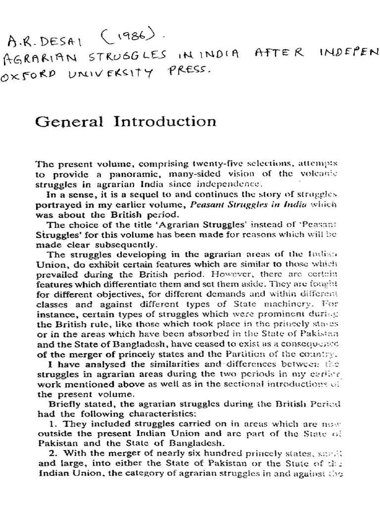 Agrarian Struggles in India After Independence - A. R. Desai | PDF