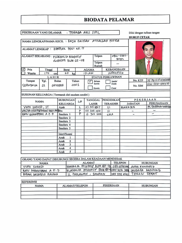 Form Biodata Pelamar - Raja Raihan Athallah Putra | PDF