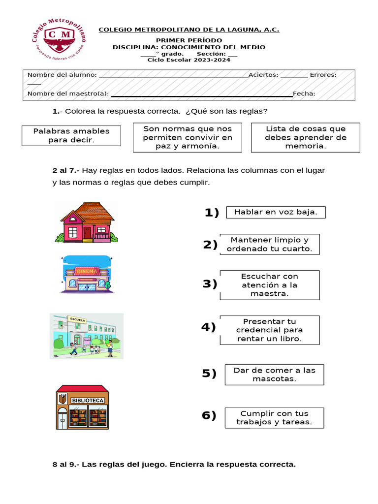 Examen de Conocimiento del Medio 1° Grado | PDF