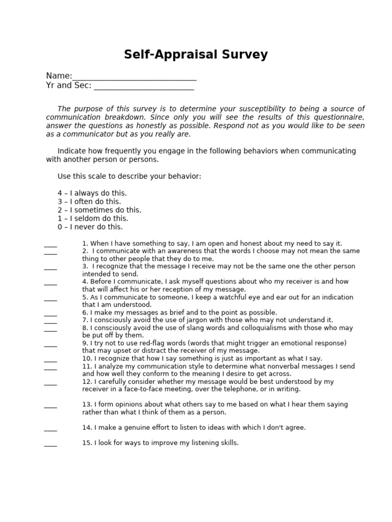 Activity 3 Self Appraisal Survey | PDF