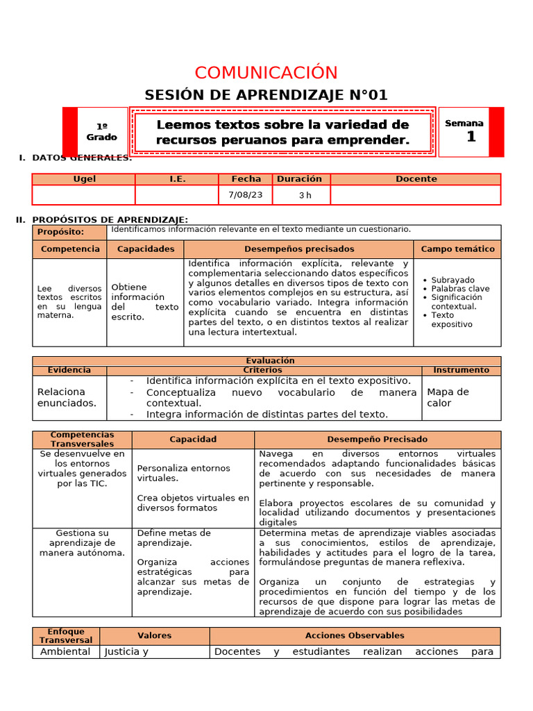 1° Sesión de Aprendizaje Sesión 1-Sem.1-Exp.5-Com | PDF