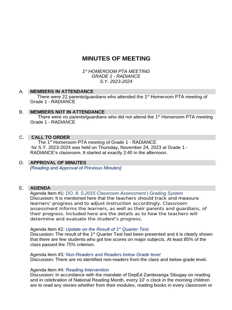 Pta Minutes | PDF