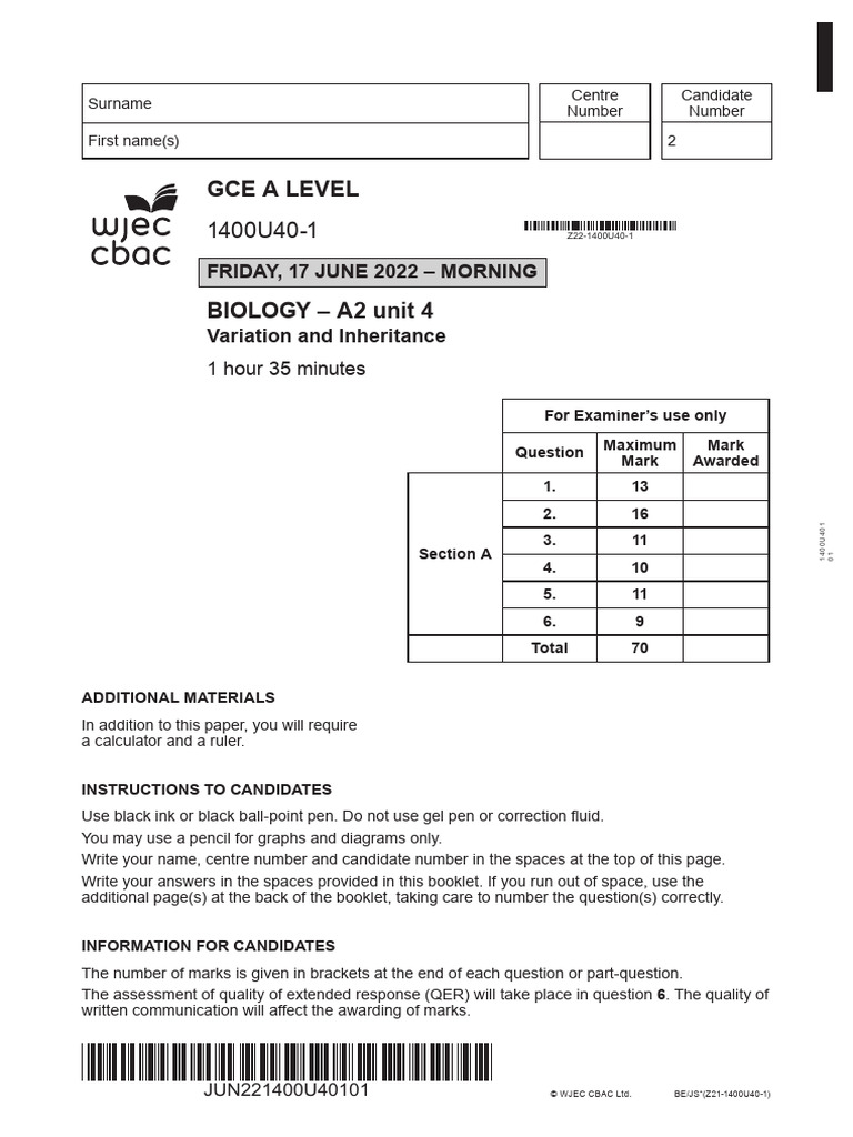 June 2022 QP - Unit 4 WJEC Biology A-level | PDF