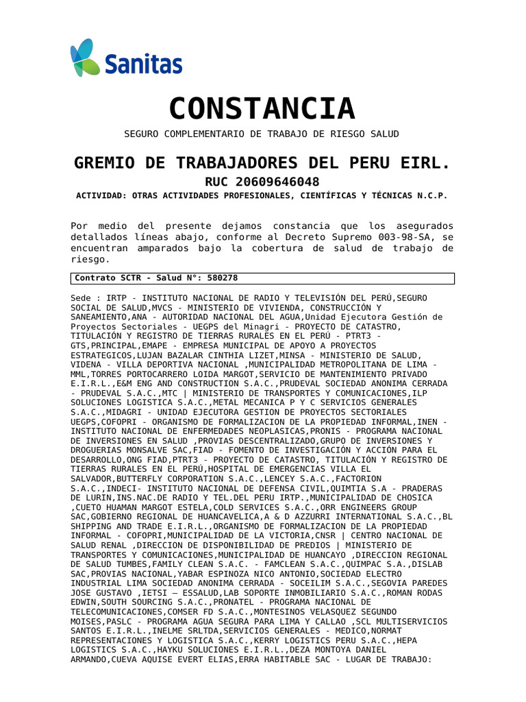 Constancia ConstanciaSaludSanitas | PDF