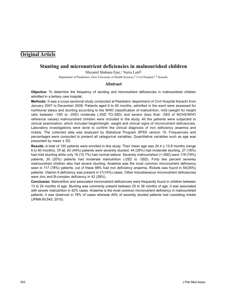 Stunting and Miconutrient Deficiency in Malnourished Children | PDF