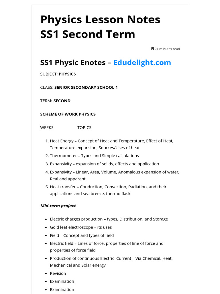 Physics Lesson Notes SS1 Second Term | PDF | Electric Current | Science ... Physics Lesson Notes SS1 Second Term | PDF | Electric Current | Science ...