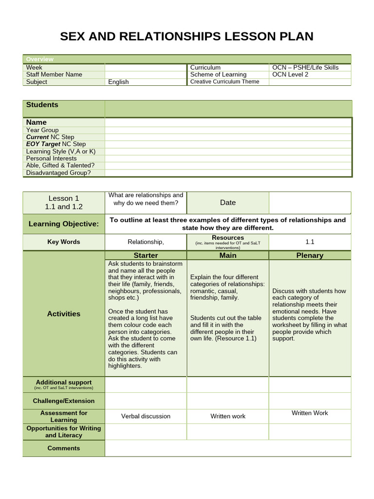 Sex and Relationships Lesson Plans | PDF | Literacy | Learning