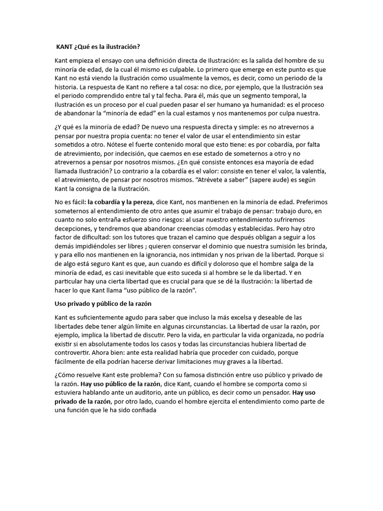 KANT Que Es La Ilustracion Resumen | PDF