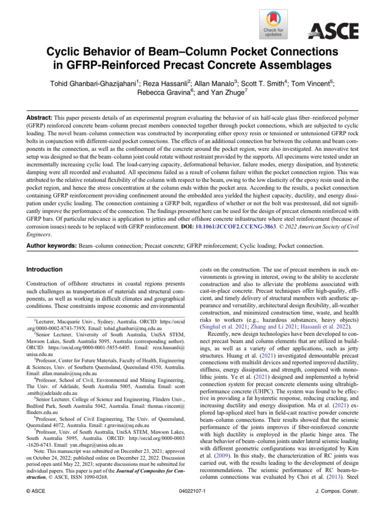 Ghanbari Ghazijahani Et Al 2022 Cyclic Behavior of Beam Column Pocket Connections in GFRP ...