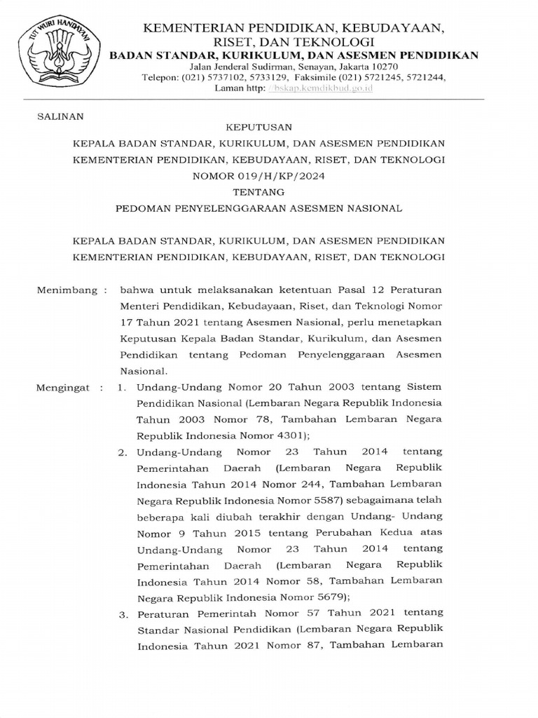 Salinan SK Nomor 019_H_KP_2024 Tentang POS Pedoman Penyelenggaraan Asesmen Nasional | PDF