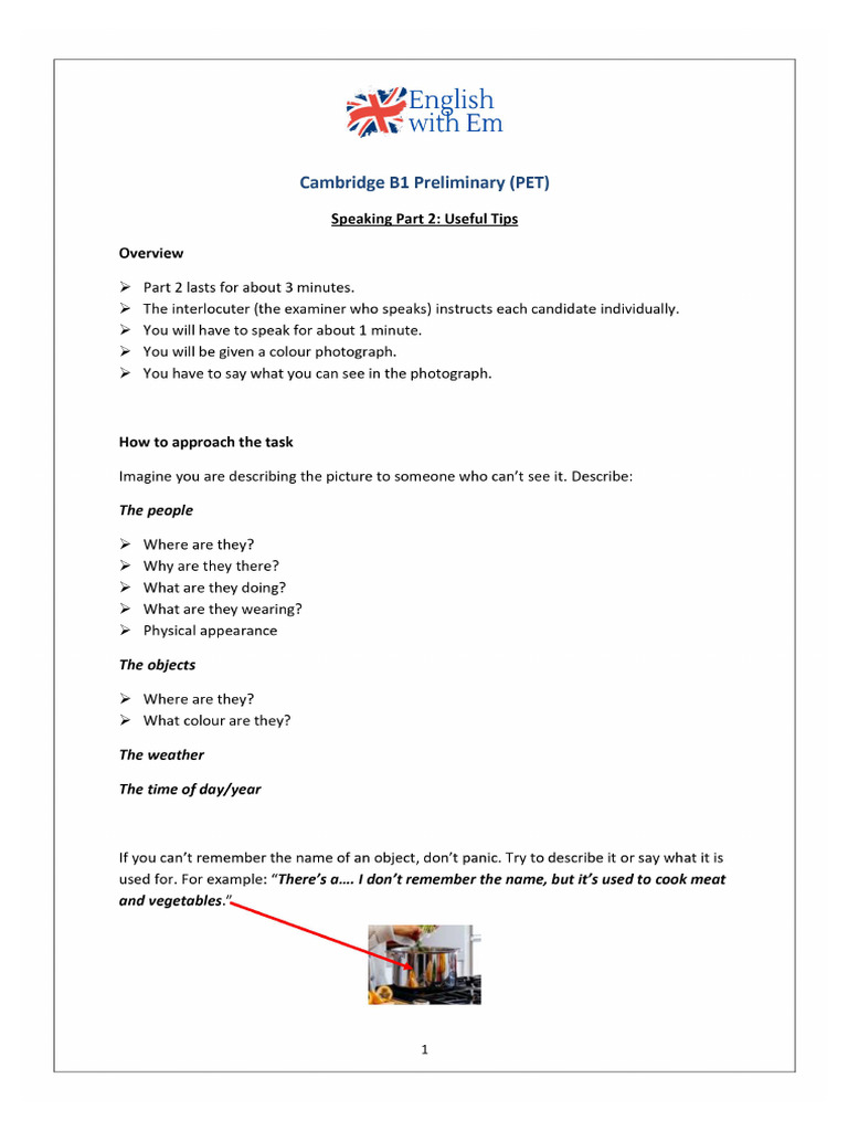 PET Speaking Part 2 - Useful Tips (Describing a Photo) | PDF