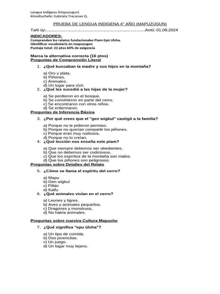 Prueba de Lengua Indigena 4 | PDF