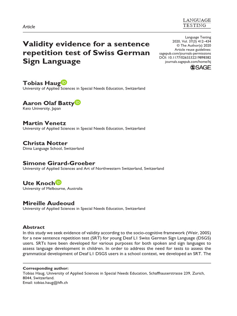 Validity Evidence For A Sentence Repetition Test of Swiss German Sign ...
