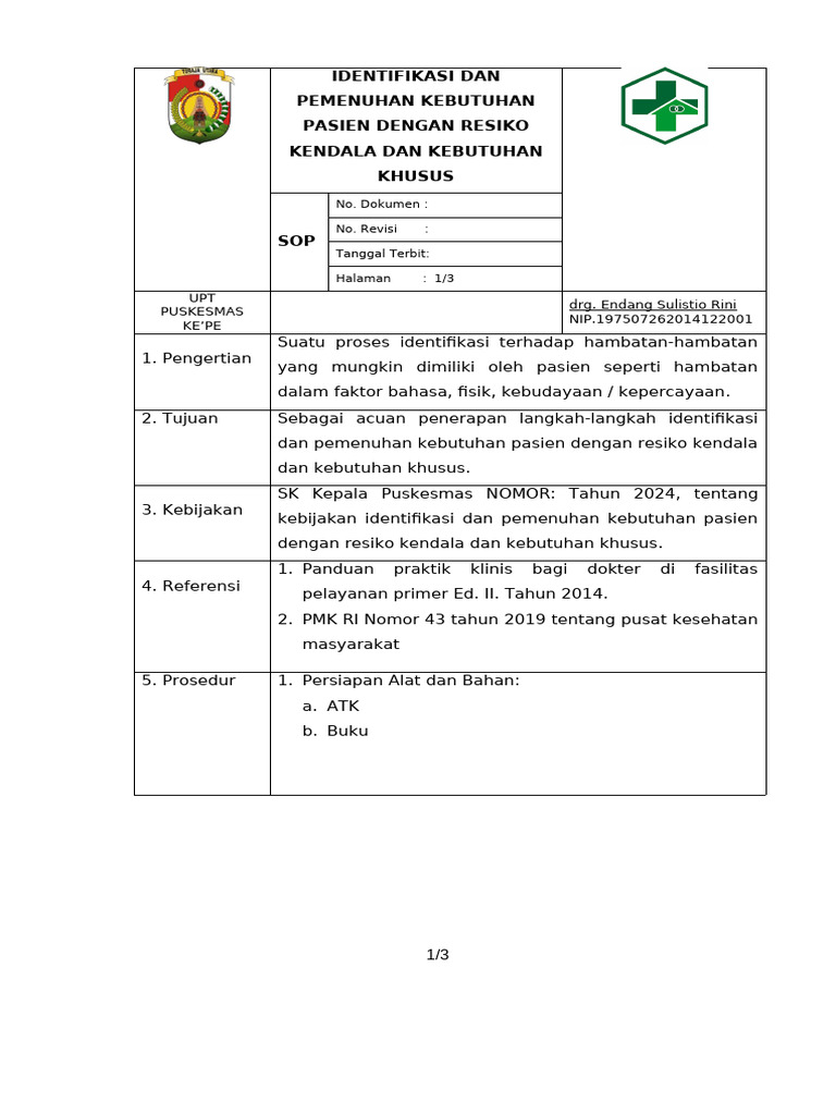 3.1.1.a SOP Identifikasi Dan Pemenuhan Kebutuhan Pasien Dengan Resiko Kendala Dan Kebutuhan ...
