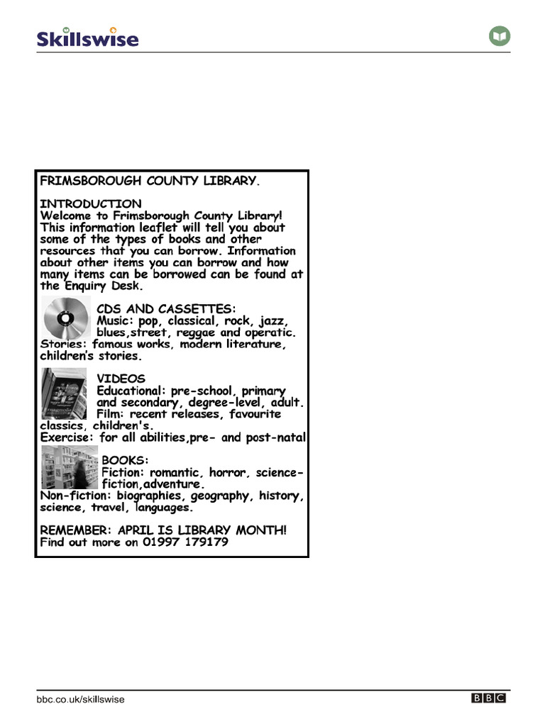 Skimming and Scanning - Frimsborough County Lib-1 | PDF