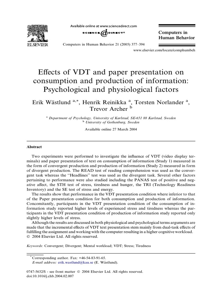 Wastlund Effects of VDT and Paper Presentation | PDF
