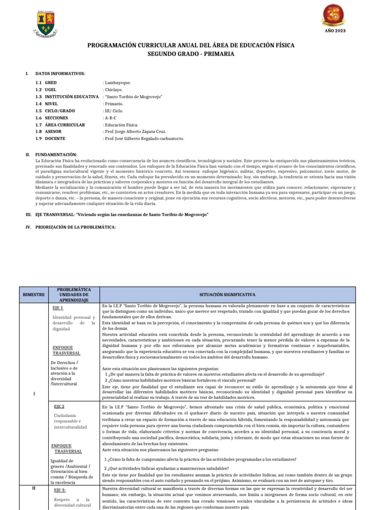 Programacion Anual Segundo Grado de Primaria 2023 | PDF | Evaluación | Bienestar
