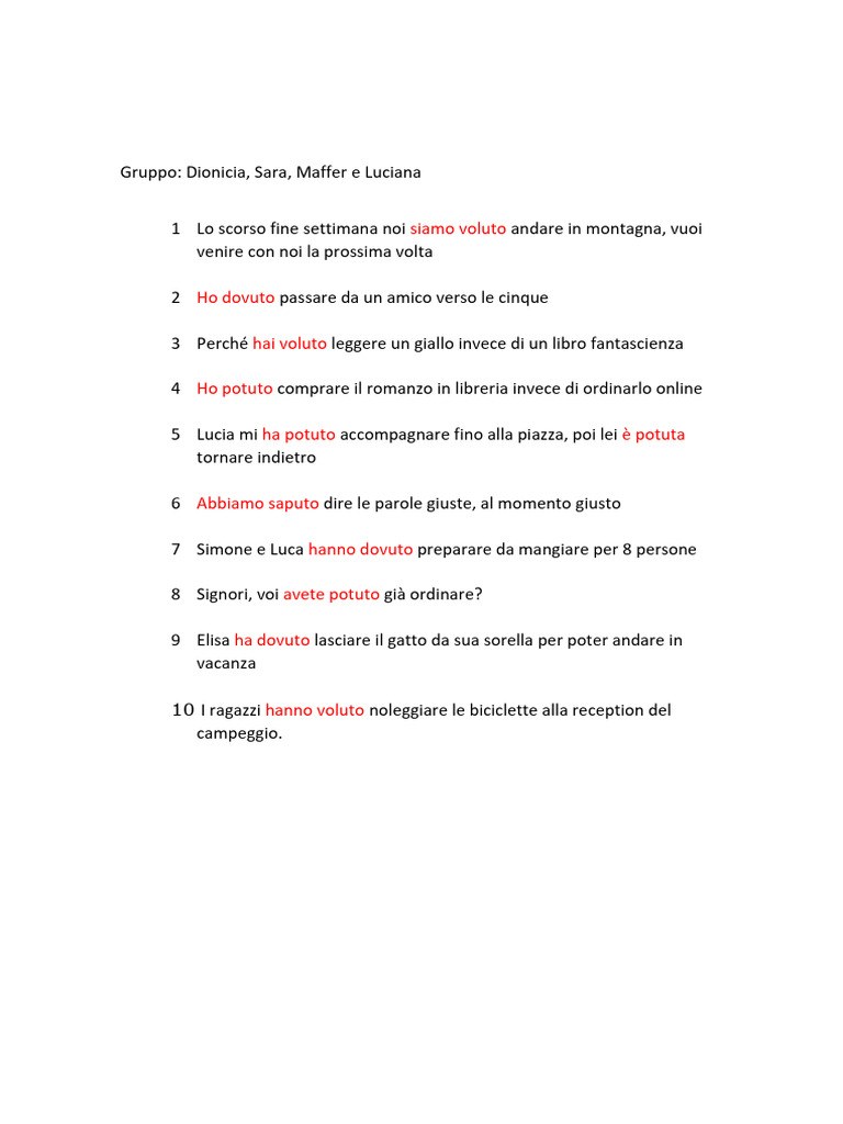 Esercizi Passato Prossimo Con Modali Resuelto | PDF