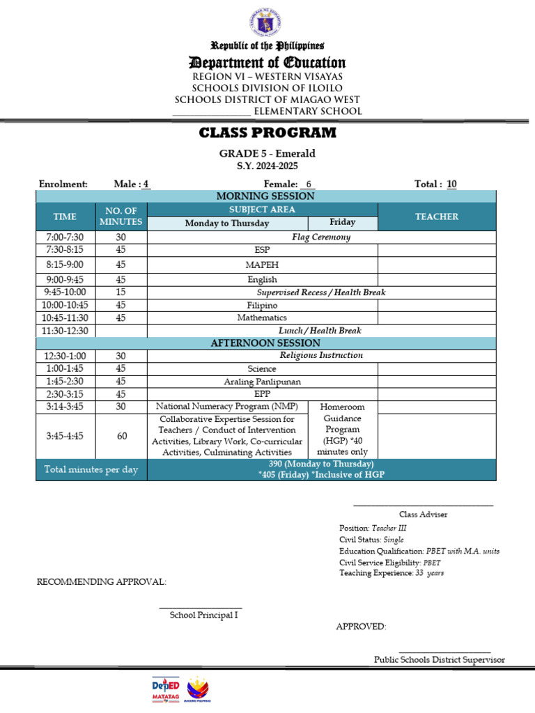 Class Program Grade 5 2024-2025 | PDF | Teachers | Pedagogy