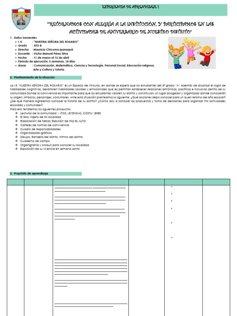 Experiencia de Aprendizaje 1 - 2024 5to Grado | PDF
