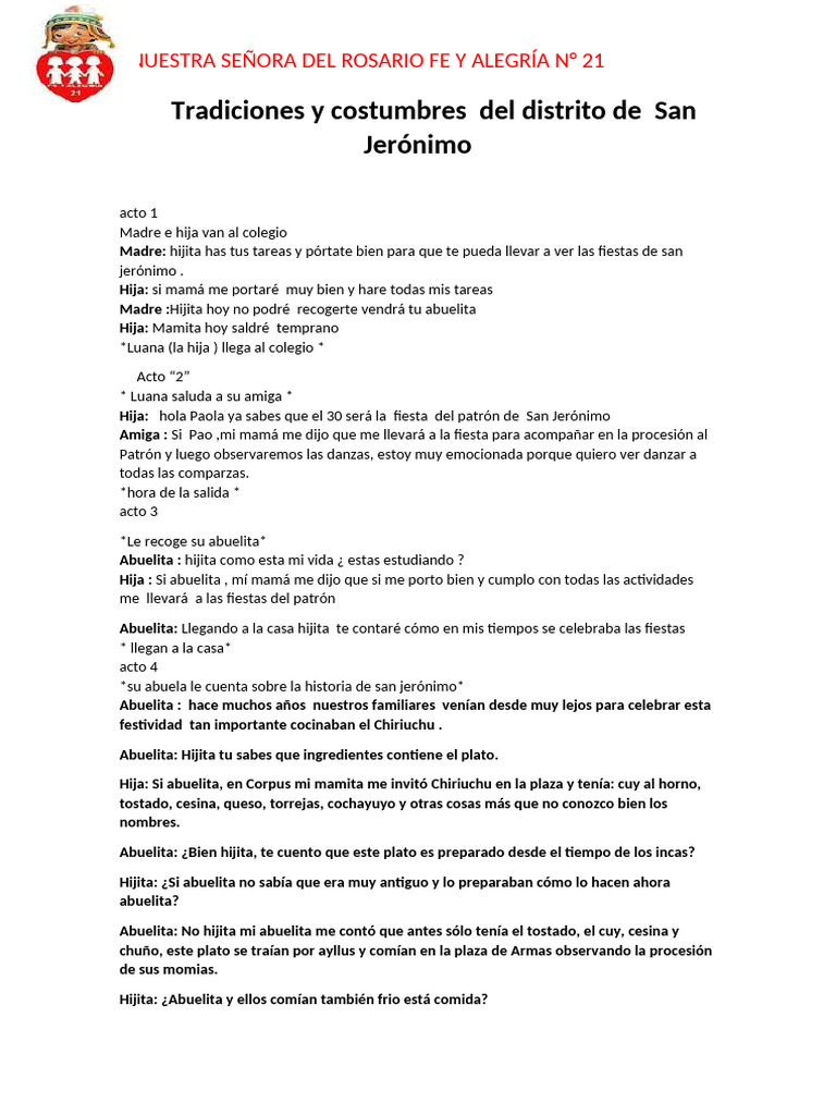 Guión Teatral Tradiciones y Costubres Del Distrito de San Jeronimo | PDF