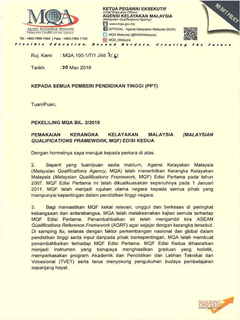 Pekeliling MQA Bil. 2 2018 - MQF Edisi 2 | PDF