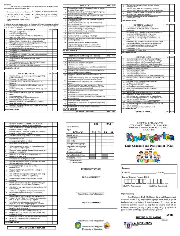 ECD CHECKLIST - TAGALOG VERSION_SY 2024-2025-1 | PDF