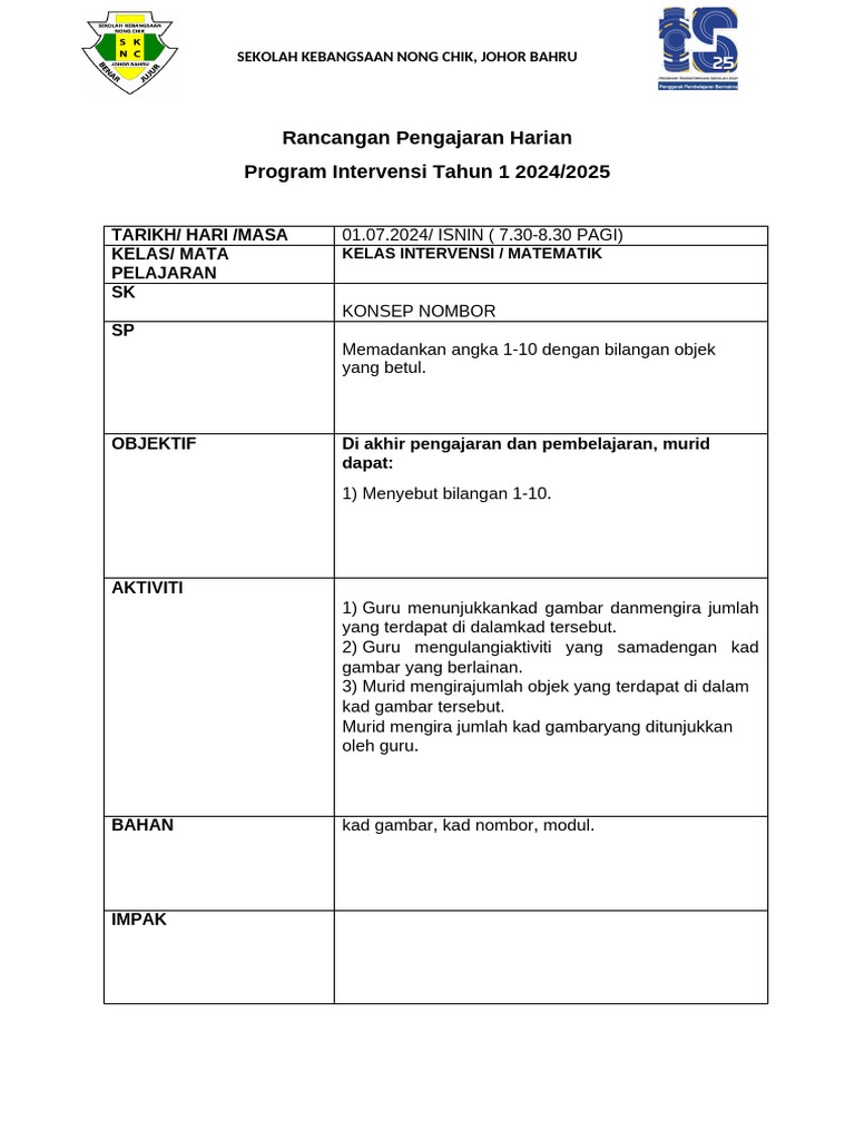 RPH Intervensi Tahun 1 Haryati | PDF