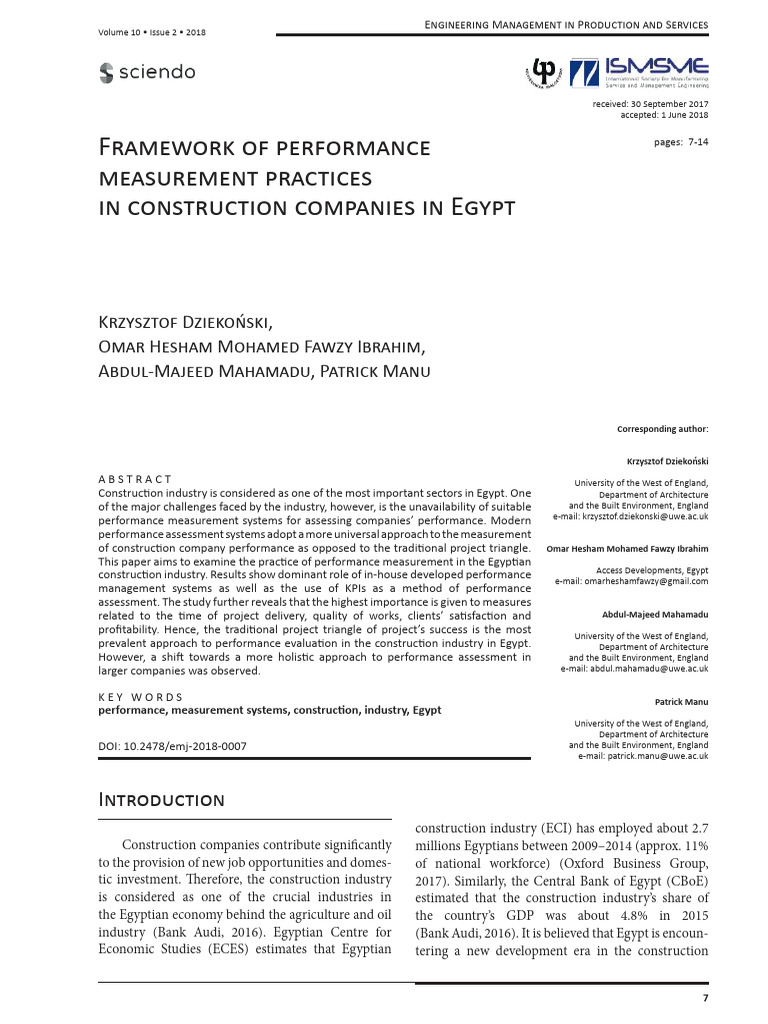 Framework of Performance Measurement Practices in Construction ...