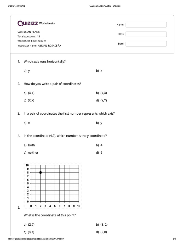 CARTESIAN PLANE - Quizizz | PDF