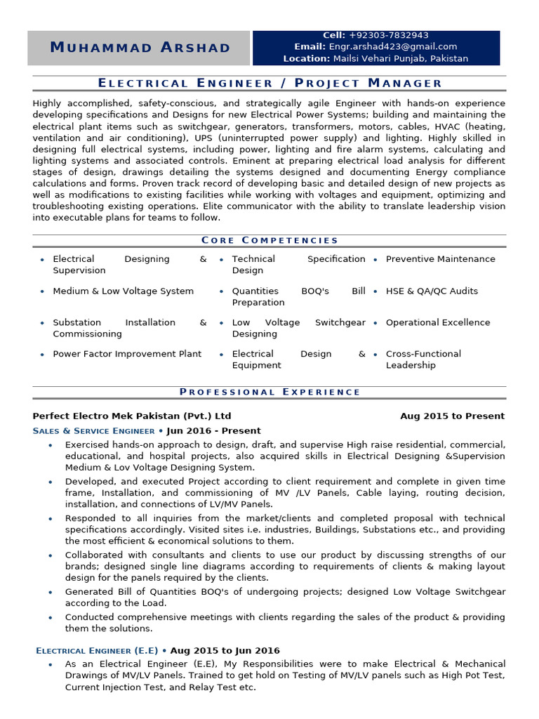 Electrical Engineer & Project Manager Profile | PDF | Electrical ...