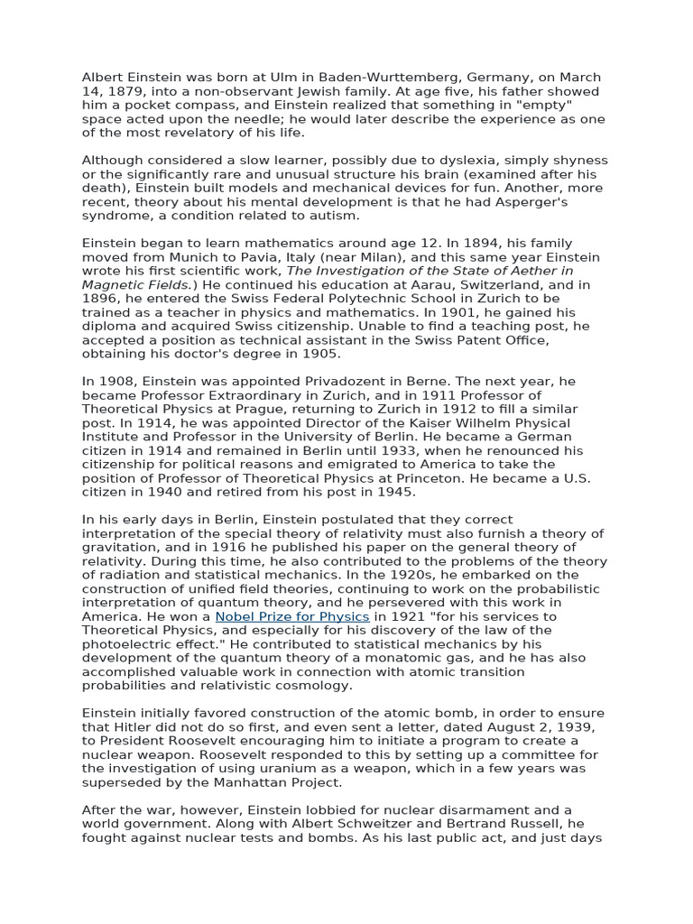 Biography Albert Pdf Albert Einstein Theory Of Relativity