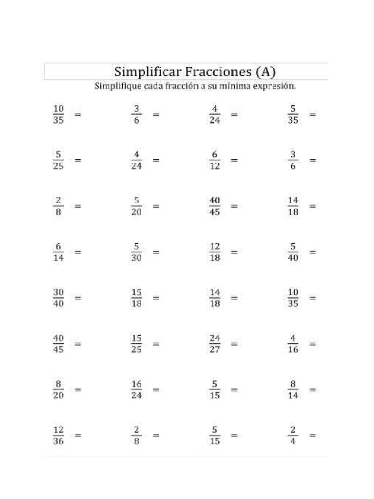 Ejercicios de Simplificacion de Fraciones | PDF