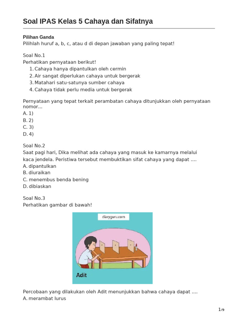 Soal IPAS Kelas 5 Cahaya Dan Sifatnya | PDF