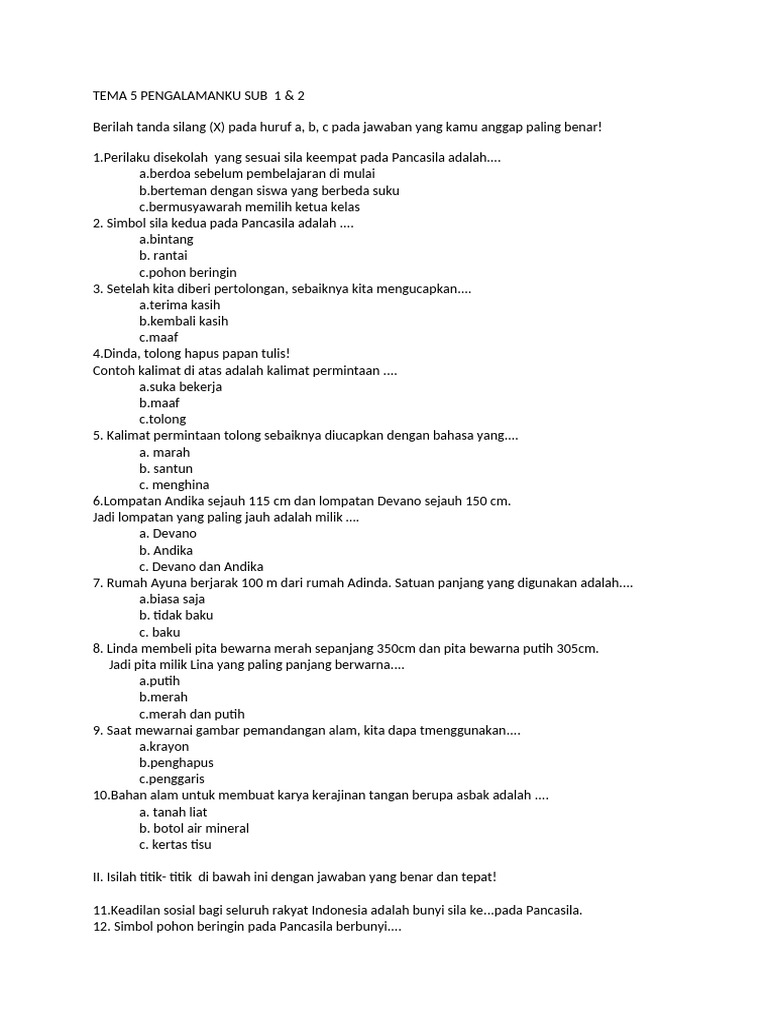 Soal Kelas 2 Tema 5 Sub 1 Dan 2 Dan 3 Dan 4 Dan Ati Koruptor | PDF