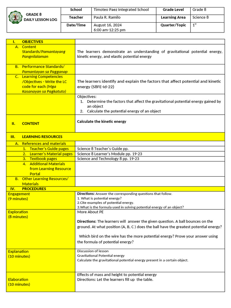 DLL3-G8 Q1 - August 16, 2024 | PDF | Potential Energy | Learning